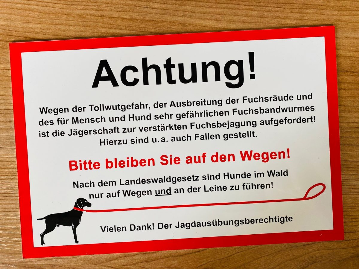 PVC-Schild - Achtung! Fuchsbejagung - Landesjagdverband Schleswig ...